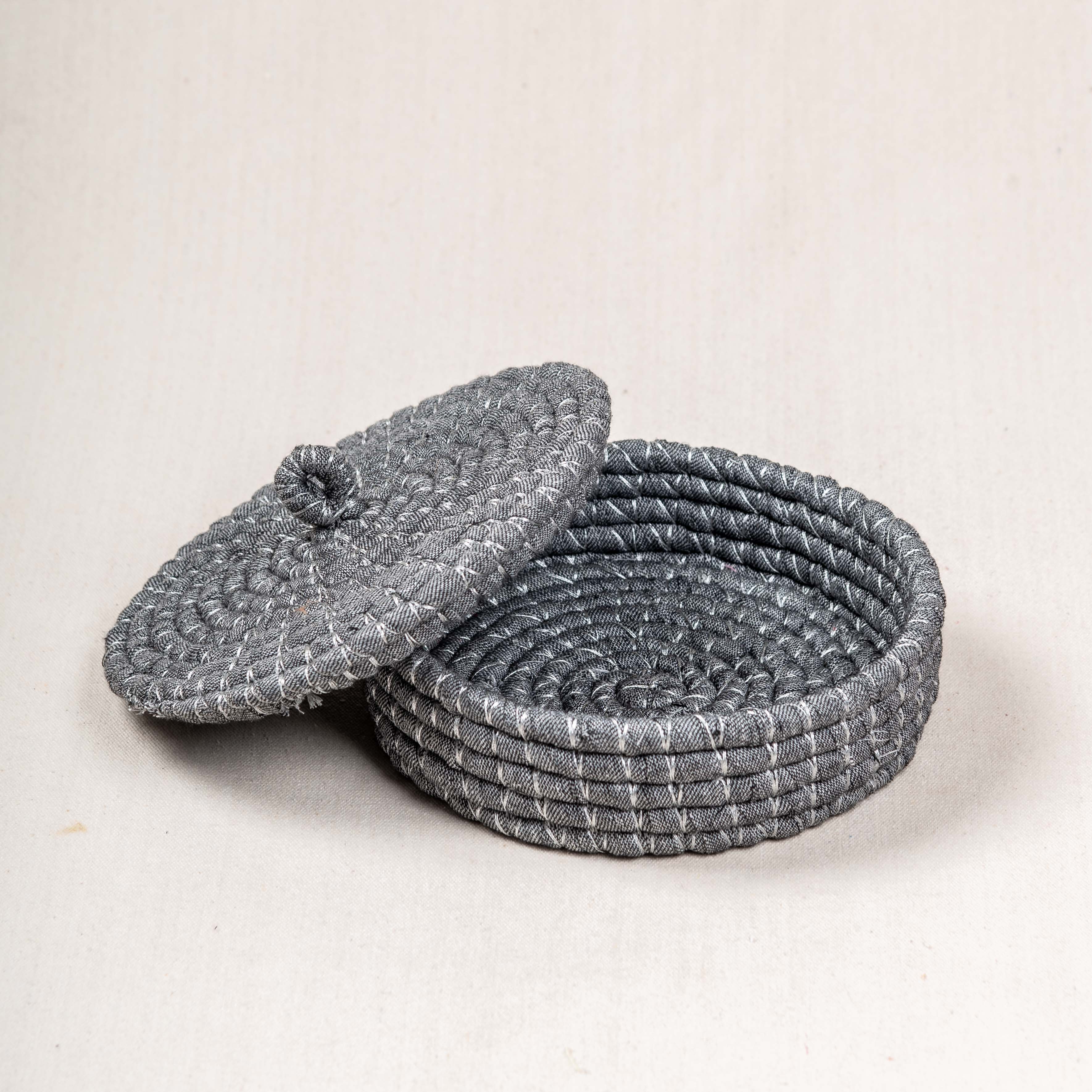 Handwoven Storage Basket with Fabric Lid - Grey