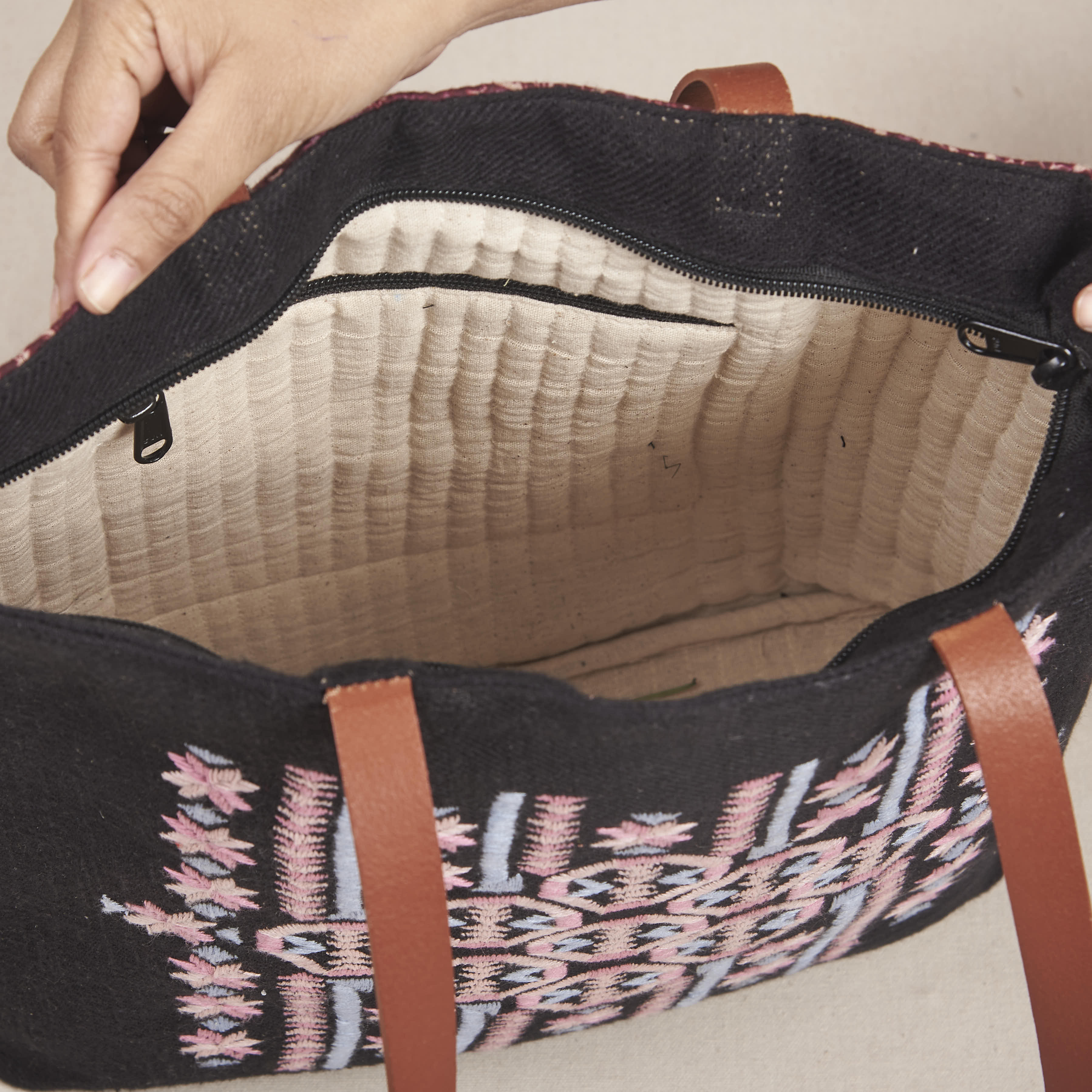 Large Tote Bag with Phulkari on Black Slub