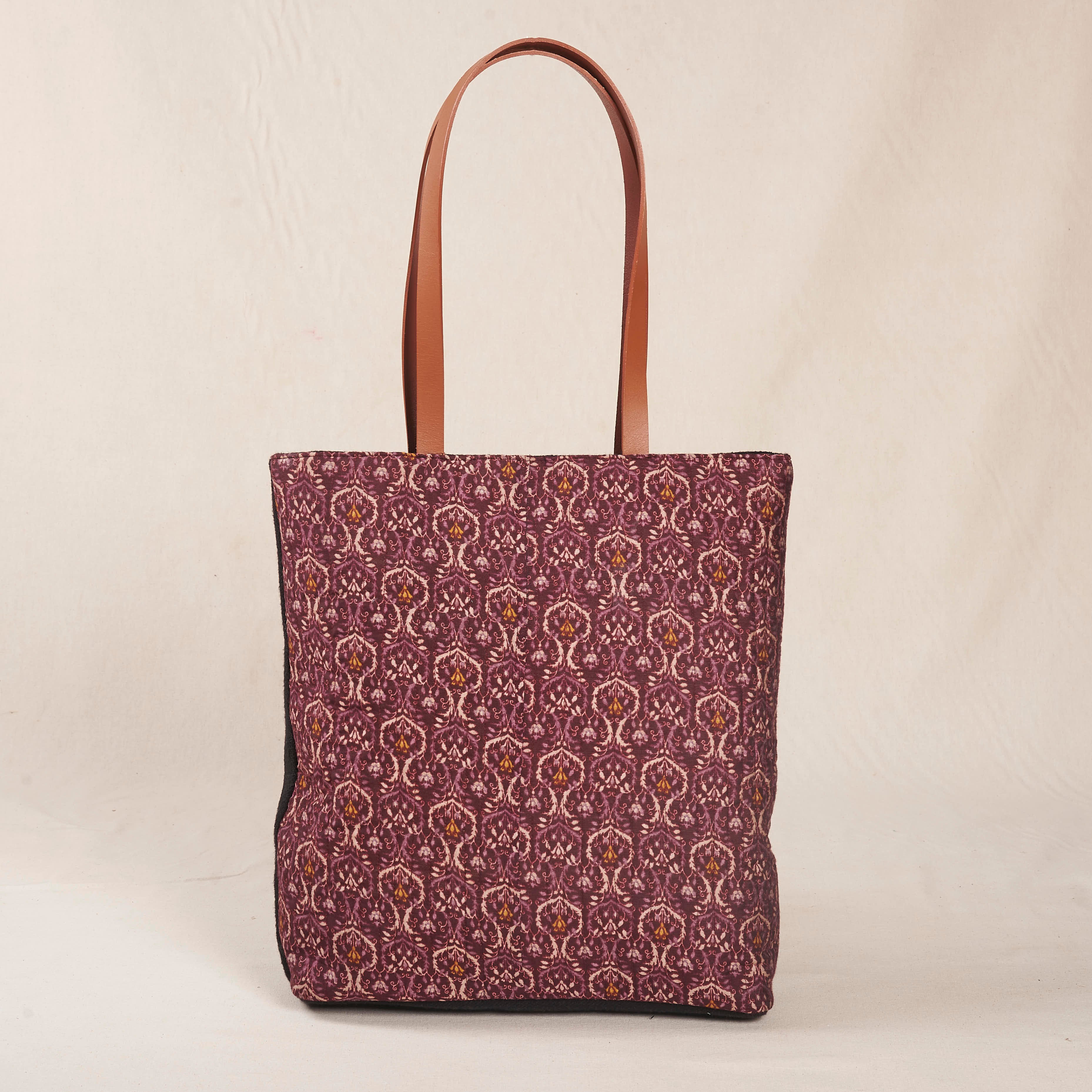 Large Tote Bag with Phulkari on Black Slub