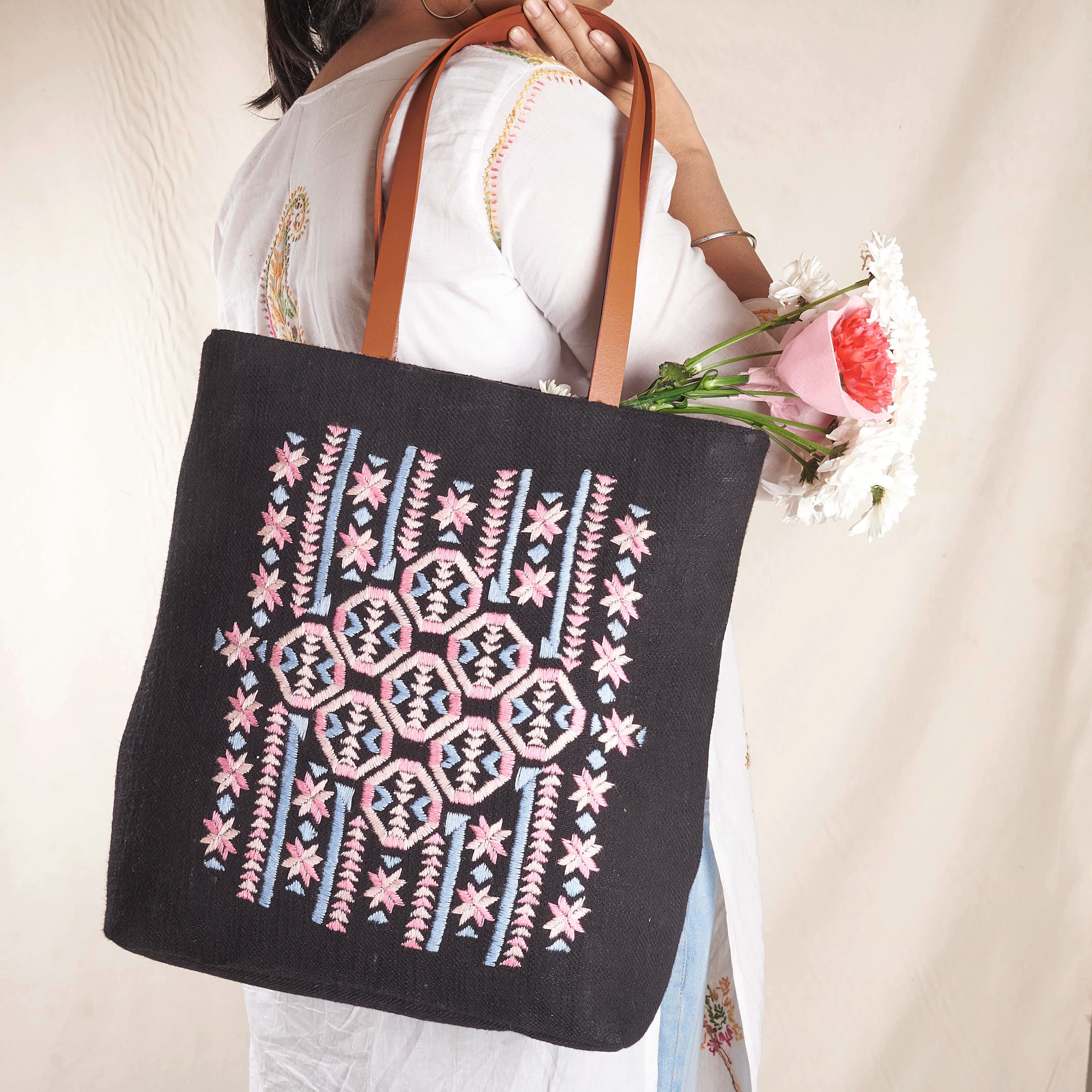 Large Tote Bag with Phulkari on Black Slub